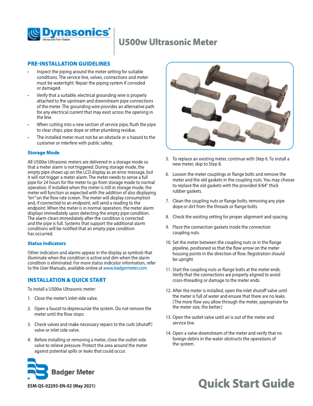Dynasonics U500w Manual_Badger Meter_Ultrasonic Cold Water Meter_Product line 1 | ENVIMART